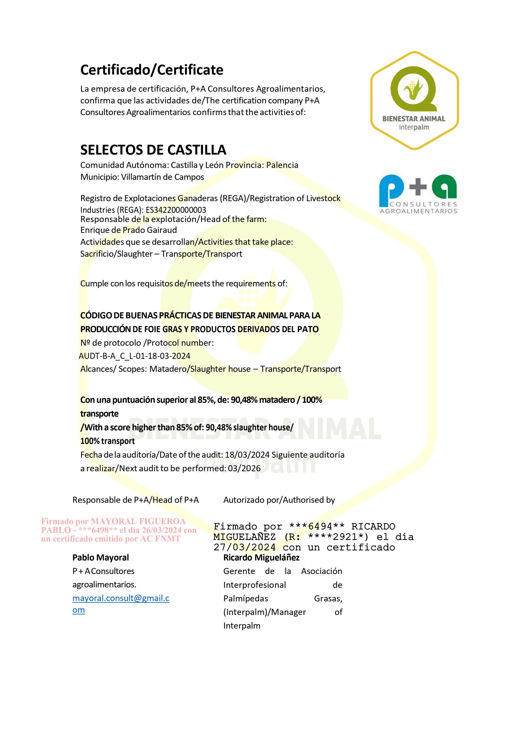 Certificación Bienestar animal – Selectos de Castilla